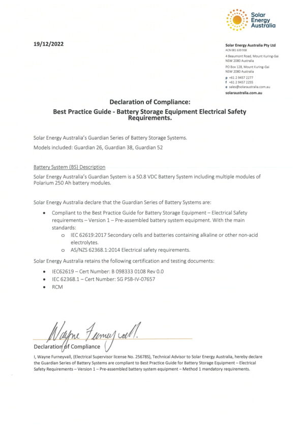 Declaration of Compliance | Solar Energy Australia